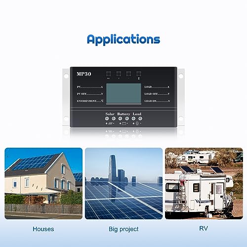 Alrska Solar Charge Controller 30A 12V/24V PWM Negative Ground Solar Charge Controller Solar Panel Regulator w/ Temp Sensor Function Fit for Lithium, Sealed, Gel, and Flooded Batteries