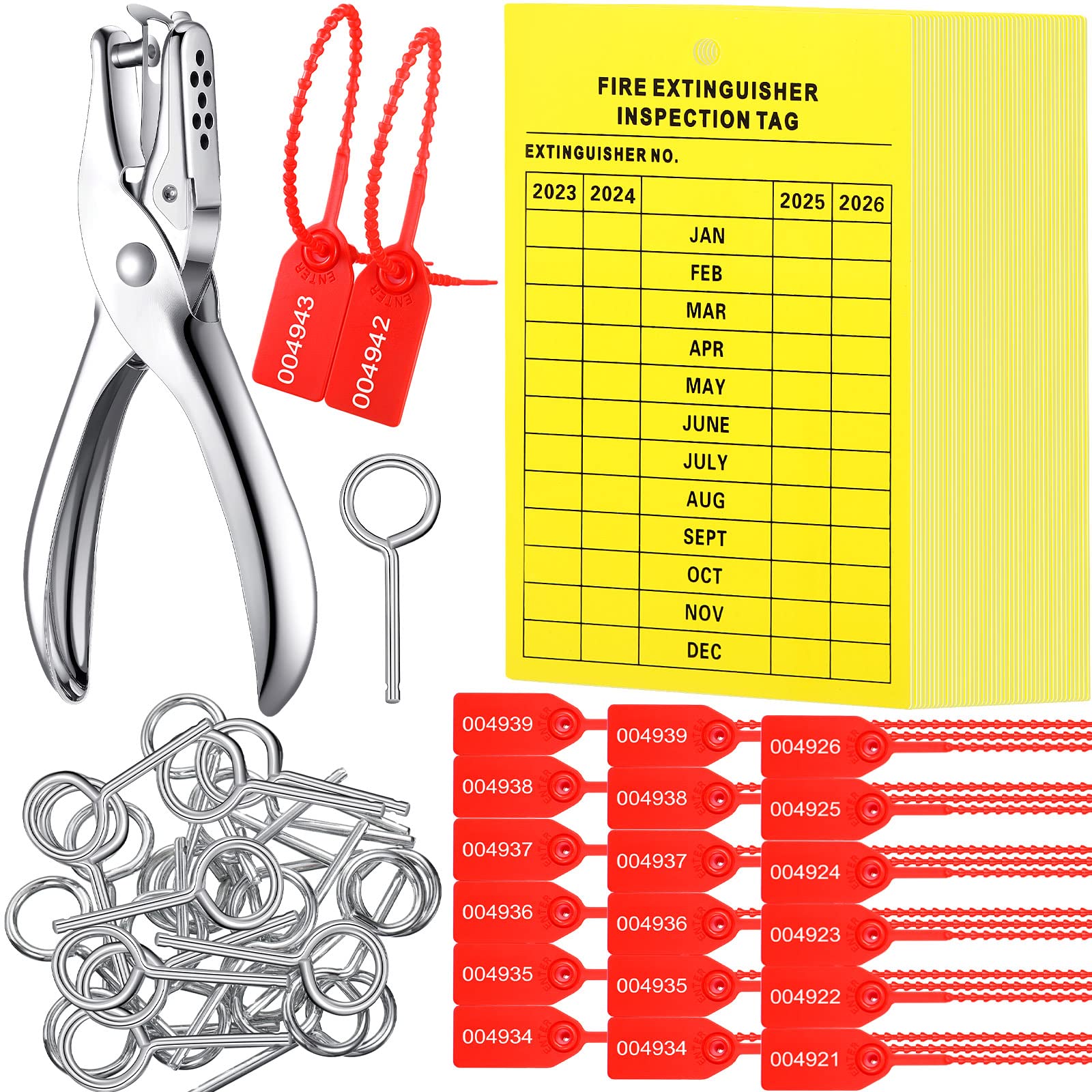 Monthly Fire Extinguisher Inspection Tags Set Including 2023-2026 Maintenance Tags Plastic Tamper Seals Fire Extinguisher Pull Pins Numbered Security Tags with Handheld Hole Puncher (76 Pieces)