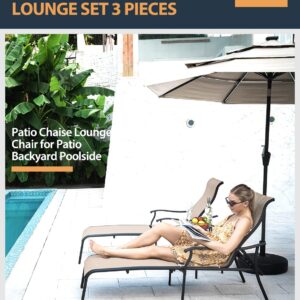 HAPPATIO Patio Chaise Lounge 3 Pieces,Patio Lounge Chair with Glass Coffee Table,Pool Lounge Chair with Breathable Textilene Fabric for Patio Backyard Poolside (Brown)