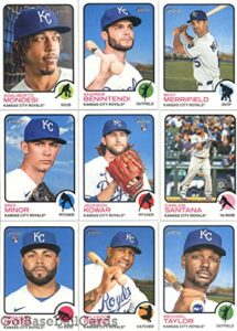 2022 topps heritage kansas city royals team set of 11 cards: adalberto mondesi(#5), andrew benintendi(#30), whit merrifield(#89), mike minor(#102), jackson kowar(#155), carlos santana(#191), emmanuel rivera(#192), nicky lopez(#260), salvador perez(#267),