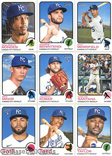 2022 Topps Heritage Kansas City Royals Team Set of 11 Cards: Adalberto Mondesi(#5), Andrew Benintendi(#30), Whit Merrifield(#89), Mike Minor(#102), Jackson Kowar(#155), Carlos Santana(#191), Emmanuel Rivera(#192), Nicky Lopez(#260), Salvador Perez(#267),