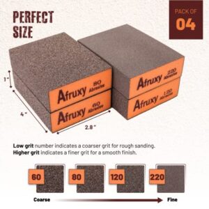 Afruxy 4 Pack Extra Fine Sanding Block, Washable and Reusable Sanding Sponge for Wood Drywall Metal Glasses Coarse/Medium/Fine/Superfine in 60/80/120/220 Grit Sandpaper Block Sand Paper Brick