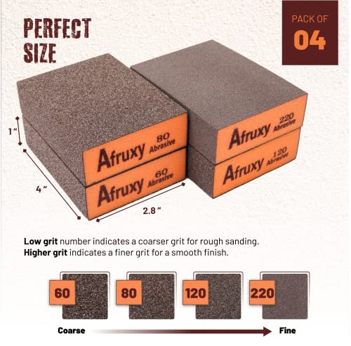 Afruxy 4 Pack Extra Fine Sanding Block, Washable and Reusable Sanding Sponge for Wood Drywall Metal Glasses Coarse/Medium/Fine/Superfine in 60/80/120/220 Grit Sandpaper Block Sand Paper Brick