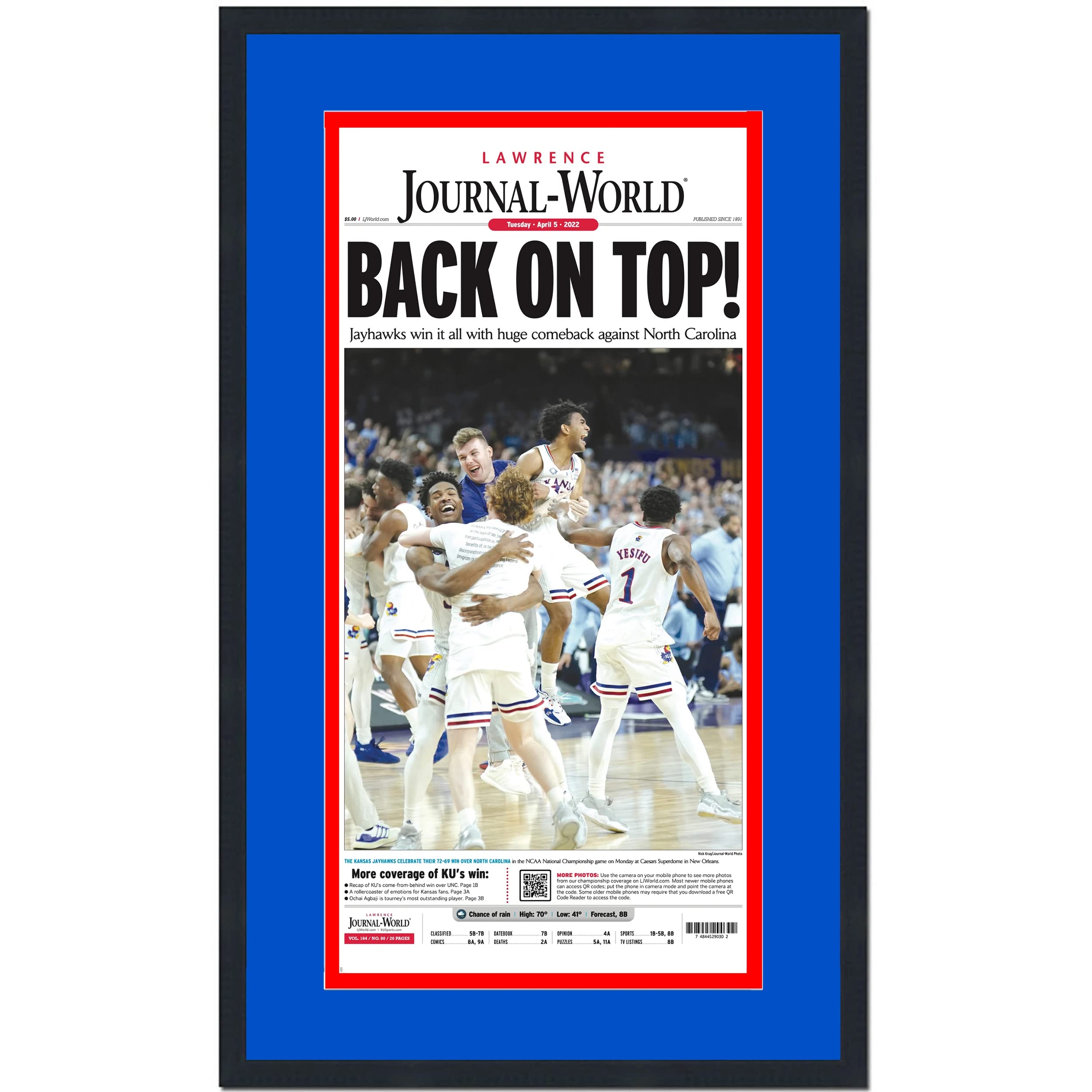 Framed Lawrence World-Journal Kansas Jayhawks 2022 NCAA National Champions 17x27 Newspaper Cover Photo Professionally Matted V1