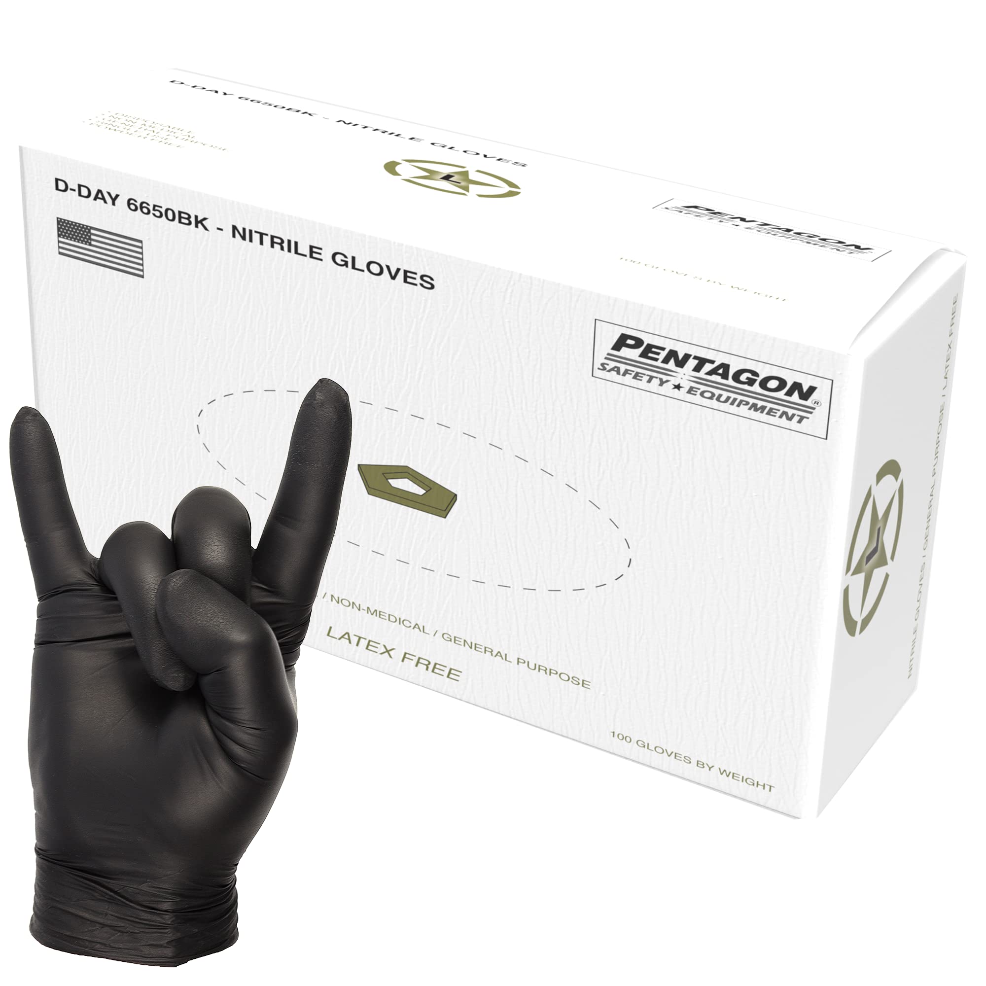 PENTAGON SAFETY EQUIPMENT 7 Mils Black Nitrile Disposable Gloves | Large (L) | 100 Pack | Latex Free | Powder Free