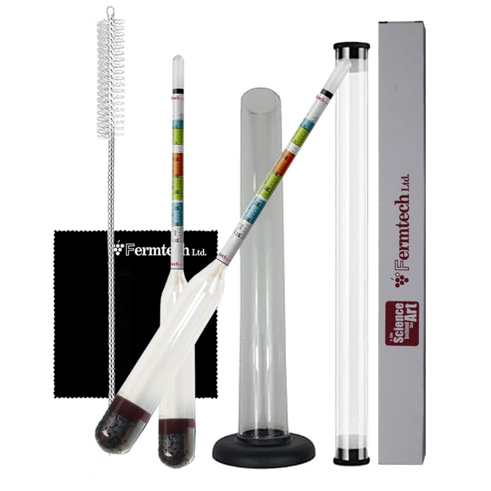 Fermtech Glass Triple Scale Hydrometer. Test The ABV, Brix & Gravity of Your Wine, Beer, Mead & Kombucha accurately (Hydro + Jar)