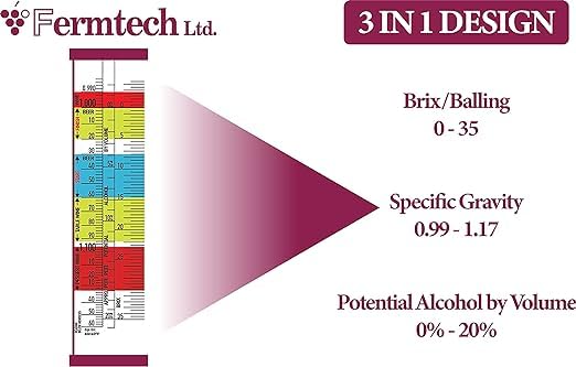 Fermtech Glass Triple Scale Hydrometer. Test The ABV, Brix & Gravity of Your Wine, Beer, Mead & Kombucha accurately (Hydro + Jar)