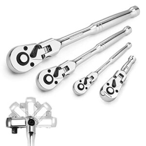 workpro 4-piece flex head ratchet set, 1/4", 3/8", 1/2" drive, 3/8" stubby, 72-tooth ratchet with chromium plating quick release reversible design, 5 degree swing