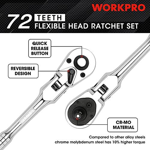 WORKPRO 4-Piece Flex Head Ratchet Set, 1/4", 3/8", 1/2" Drive, 3/8" Stubby, 72-Tooth Ratchet with Chromium Plating Quick Release Reversible Design, 5 Degree Swing