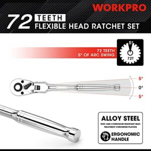 WORKPRO 4-Piece Flex Head Ratchet Set, 1/4", 3/8", 1/2" Drive, 3/8" Stubby, 72-Tooth Ratchet with Chromium Plating Quick Release Reversible Design, 5 Degree Swing