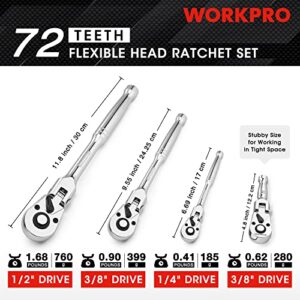 WORKPRO 4-Piece Flex Head Ratchet Set, 1/4", 3/8", 1/2" Drive, 3/8" Stubby, 72-Tooth Ratchet with Chromium Plating Quick Release Reversible Design, 5 Degree Swing