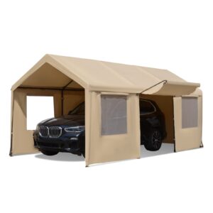 gardesol carport, 10’ x 20’ heavy duty carport with roll-up sidewall and ventilated windows, portable outdoor garage for car, truck, suv, boat, car canopy with all-season tarp, gray