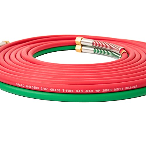 SPARC Oxy Acetylene Grade T Welding Hose 3/16" B Fittings + Strain Relief Set 1YR USA Warranty (15FT)