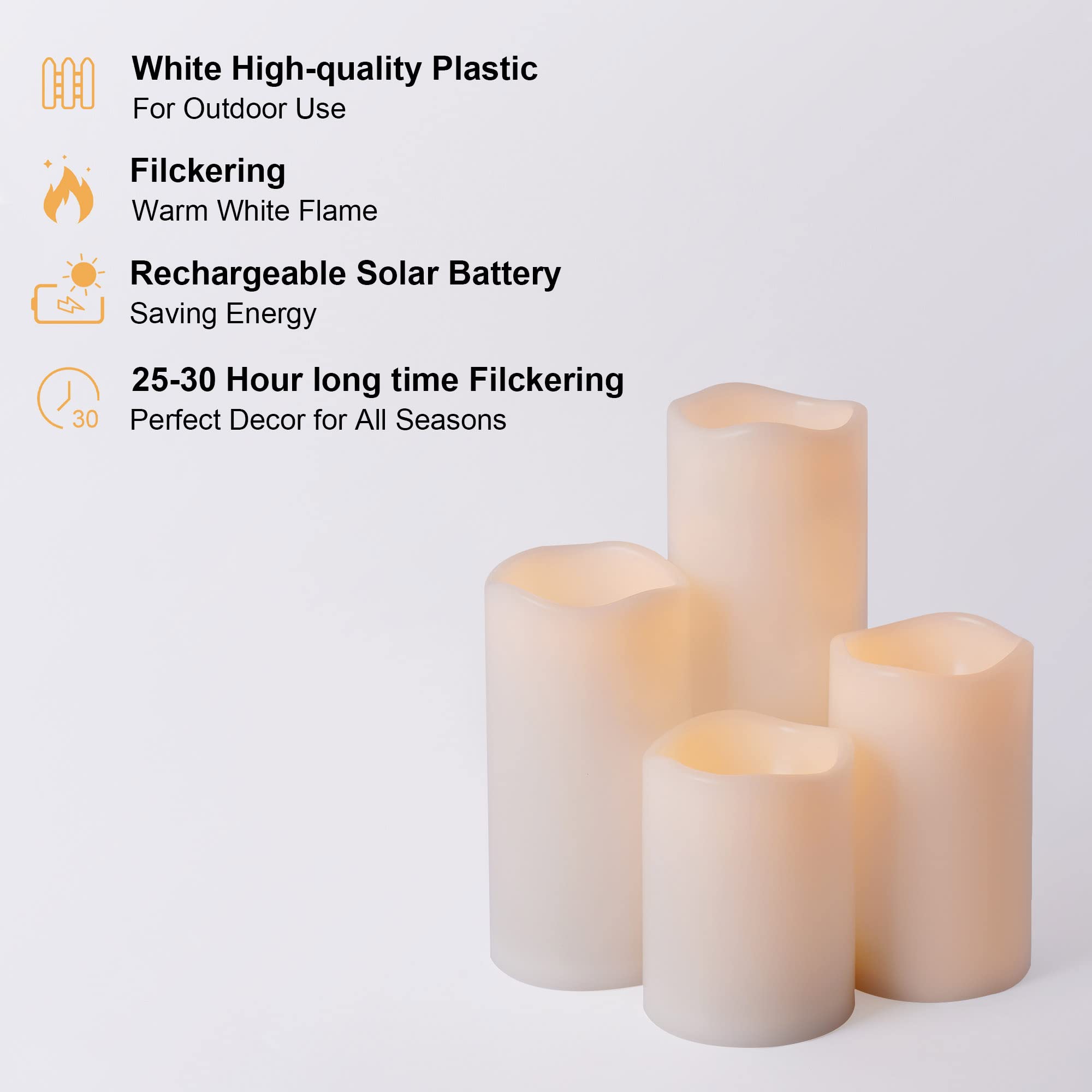 NOMFIX Solar Lights Outdoor Waterproof, 3"x4"/5"/6"/8" Flameless Flickering Candles, Dusk to Dawn Timer, Solar Pathway Lights for Patio Decor- 4 Pack