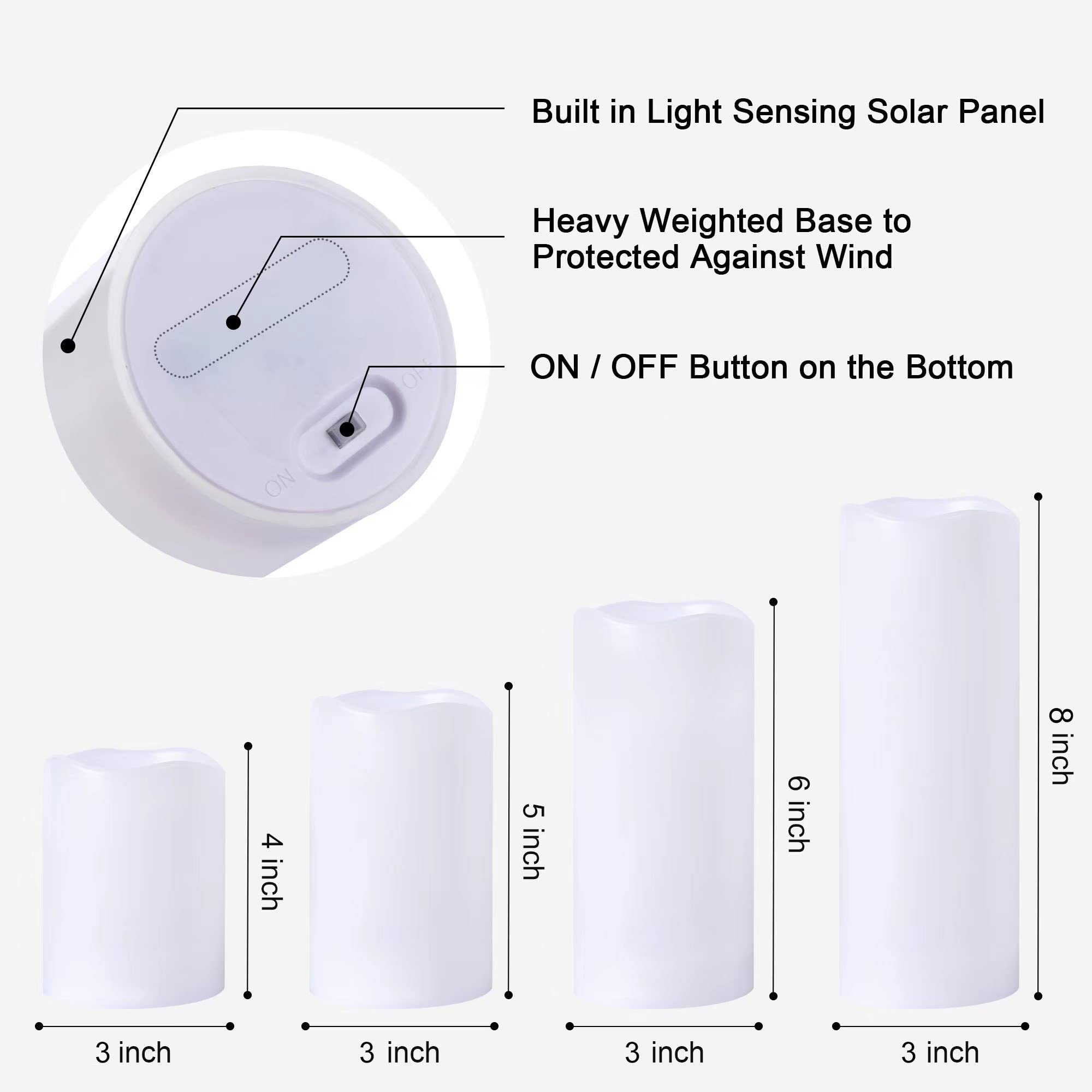 NOMFIX Solar Lights Outdoor Waterproof, 3"x4"/5"/6"/8" Flameless Flickering Candles, Dusk to Dawn Timer, Solar Pathway Lights for Patio Decor- 4 Pack