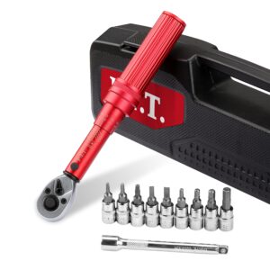 p.i.t. 1/4 inch drive click torque wrench, 10-50 in.lb with dual-range (in.lb/nm) scale setting, hex & torx bit sockets, slotted bit screwdriver & storage box for guns