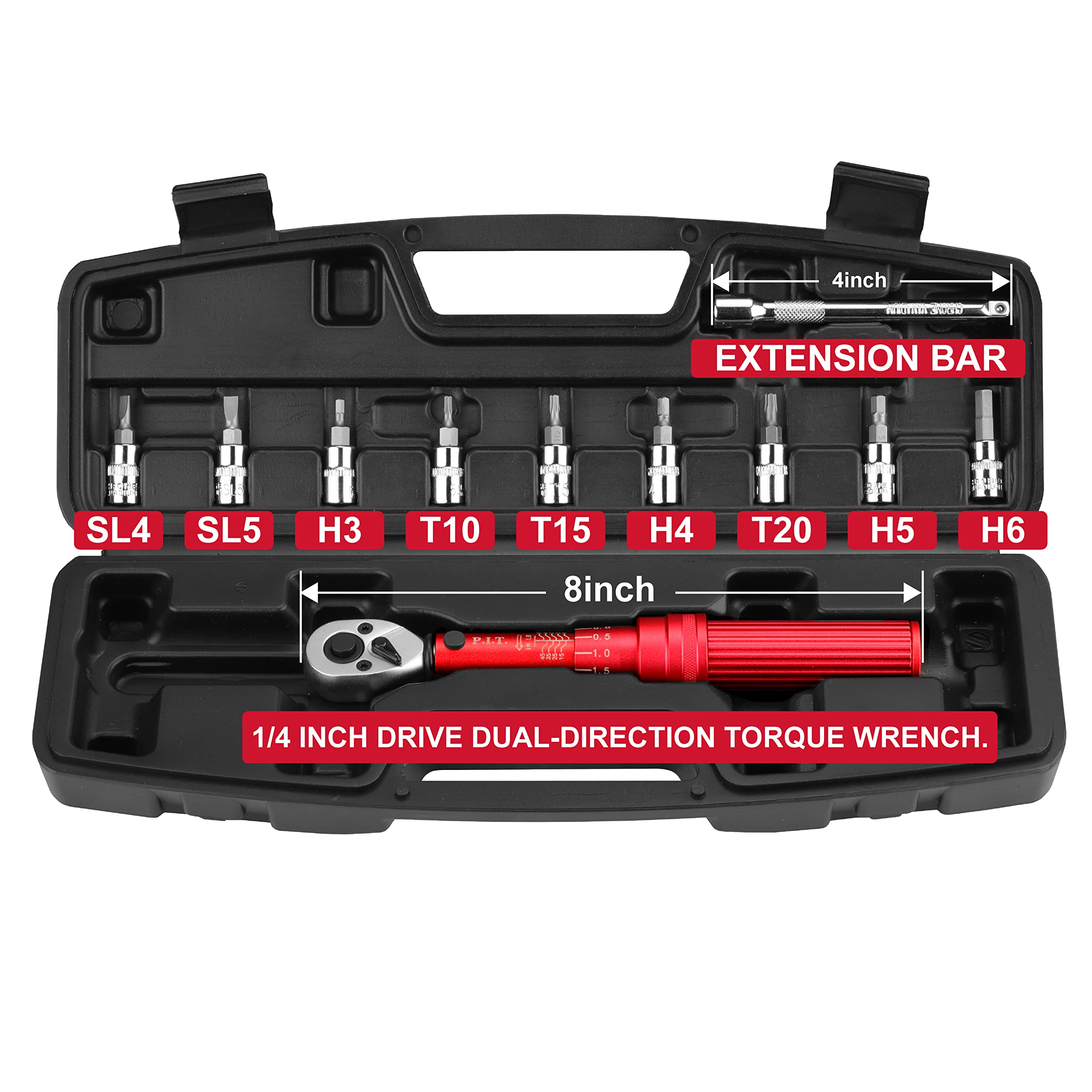 P.I.T. 1/4 Inch Drive Click Torque Wrench, 10-50 IN.LB with Dual-Range (in.lb/NM) scale setting, Hex & Torx Bit Sockets, Slotted Bit Screwdriver & Storage Box for Guns