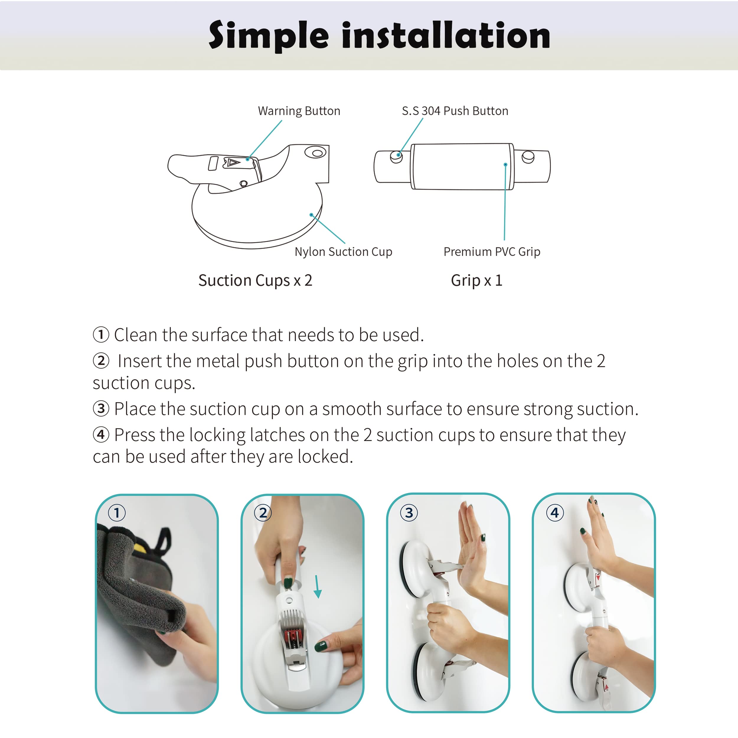 DAREN MEDICAL Heavy Duty Suction Shower Grab Bar - Toilet Bathroom Bathtub Safety - Shower Handles, Suction Cup Power Up to 250 LB, Perfect for Elderly Seniors(17 Inch, Gray Silver)