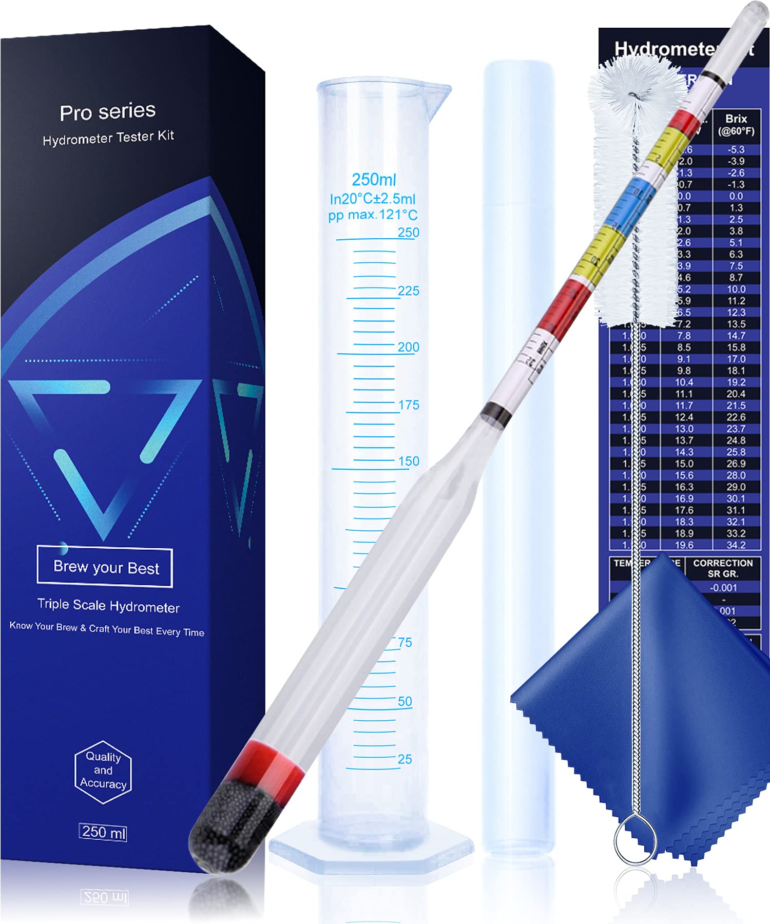 Hydrometer Test Kit, Triple Scale Alcohol Tester Hydrometer for Wine, Beer, Kombucha & Mead, Wine Making Kit, (ABV Tester, Brix, Specific Gravity Hydrometer) + Hydrometer Test Jar for Home Brewing Kit