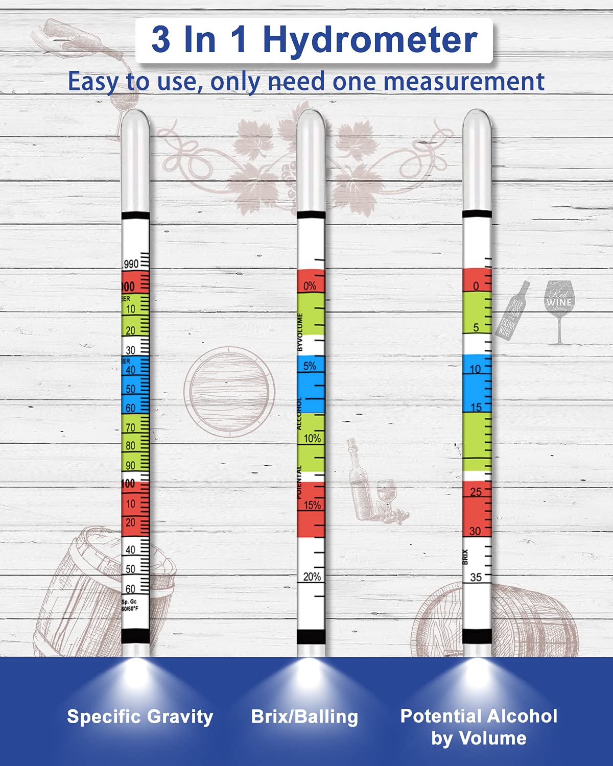 Hydrometer Test Kit, Triple Scale Alcohol Tester Hydrometer for Wine, Beer, Kombucha & Mead, Wine Making Kit, (ABV Tester, Brix, Specific Gravity Hydrometer) + Hydrometer Test Jar for Home Brewing Kit