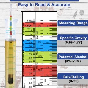 Hydrometer Test Kit, Triple Scale Alcohol Tester Hydrometer for Wine, Beer, Kombucha & Mead, Wine Making Kit, (ABV Tester, Brix, Specific Gravity Hydrometer) + Hydrometer Test Jar for Home Brewing Kit