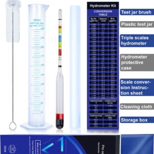 Hydrometer Test Kit, Triple Scale Alcohol Tester Hydrometer for Wine, Beer, Kombucha & Mead, Wine Making Kit, (ABV Tester, Brix, Specific Gravity Hydrometer) + Hydrometer Test Jar for Home Brewing Kit