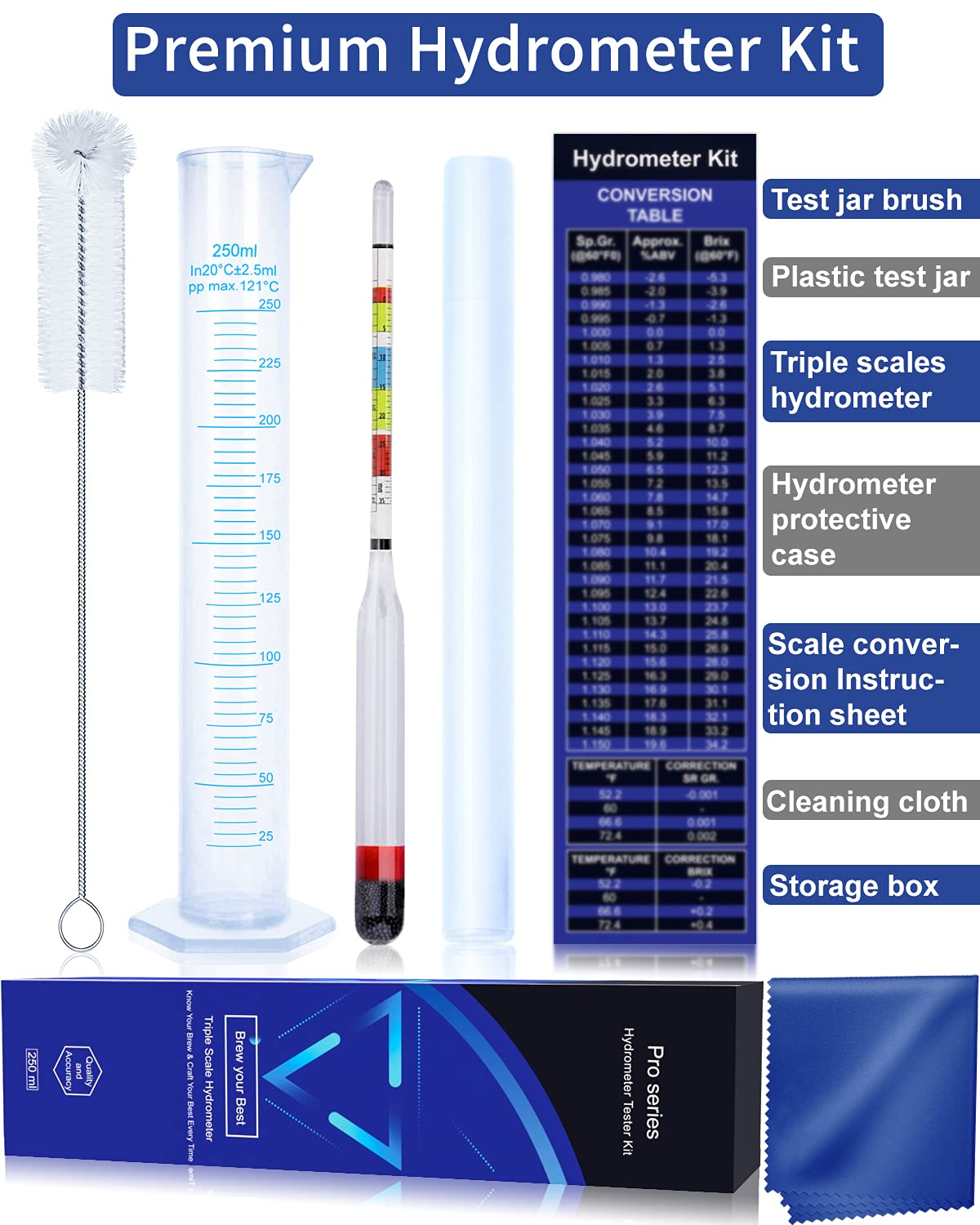 Hydrometer Test Kit, Triple Scale Alcohol Tester Hydrometer for Wine, Beer, Kombucha & Mead, Wine Making Kit, (ABV Tester, Brix, Specific Gravity Hydrometer) + Hydrometer Test Jar for Home Brewing Kit