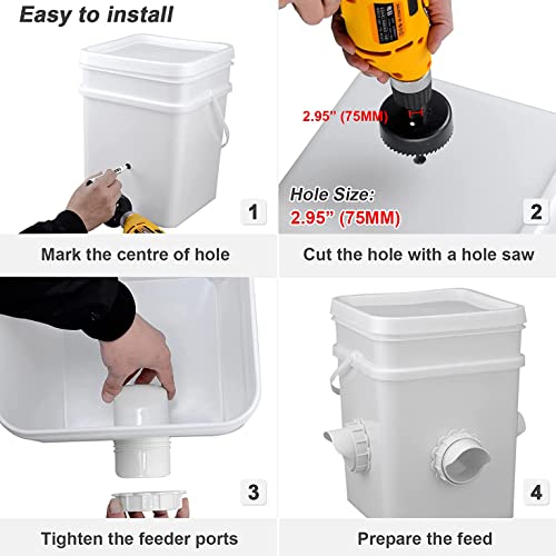 DIY Chicken Feeder No Waste 4 Ports-1 Hole Saw, Rain Proof Poultry Feeder Gravity Feed Kit for Buckets Barrels Bins and Troughs……