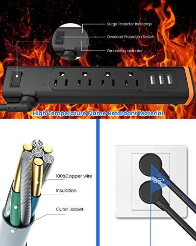 Power Strips Surge Protectors 【2 Pack】 6-Foot Long Black Outlets Surge Protector Outlet Flat Plug with 3 USB Ports 4 Outlet Extender 900J Overload Protection 1875W/15A Total 5V/3A Black