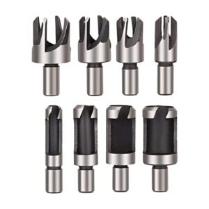 dophee 8pcs wood plug cutter drill bit set, straight and tapered taper 1/4" 3/8" 1/2" 5/8" cutting tool cork drill bit knife for woodworking