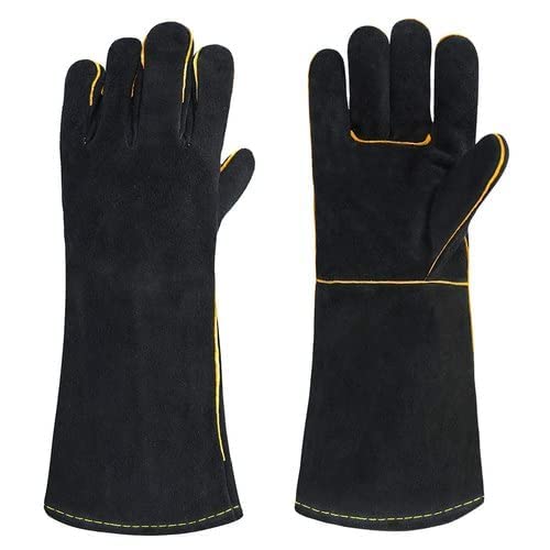 HH SPORTS Leather Welding Gloves,Heat/Fire Resistant,Mitts for forged, Tig,Mig,BBQ,Oven,Grill,Fireplace,Baking,Furnace,Stove,Pot Holder,welder,Animal Handling Glove.Black - 16 inches