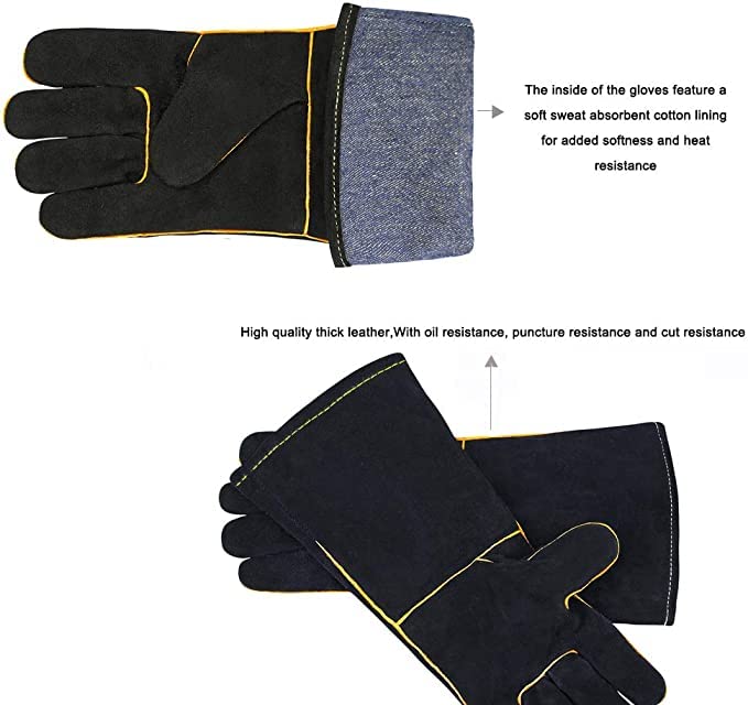 HH SPORTS Leather Welding Gloves,Heat/Fire Resistant,Mitts for forged, Tig,Mig,BBQ,Oven,Grill,Fireplace,Baking,Furnace,Stove,Pot Holder,welder,Animal Handling Glove.Black - 16 inches