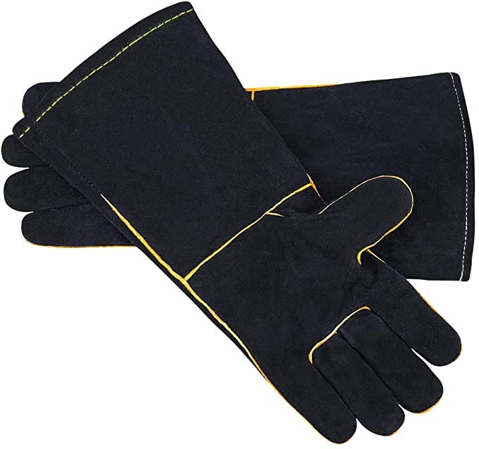 HH SPORTS Leather Welding Gloves,Heat/Fire Resistant,Mitts for forged, Tig,Mig,BBQ,Oven,Grill,Fireplace,Baking,Furnace,Stove,Pot Holder,welder,Animal Handling Glove.Black - 16 inches