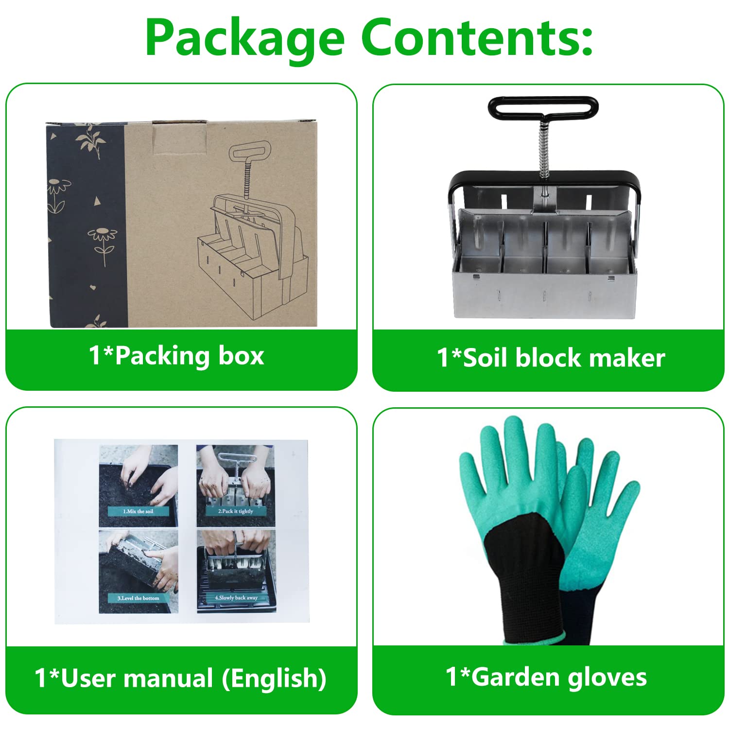 [Upgraded] 8 Soil Blocker 2 inch Manual Quad Soil Blocker Set Handheld Soil Block Maker Garden Blocking Tools for Seedings, Cuttings, Greenhouses - Come with Garden Gloves