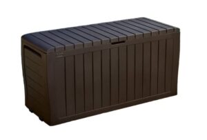 keter 71 gallons gallon water resistant lockable deck box with wheels in dark brown