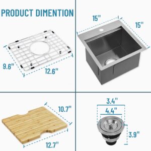 Le Bijou Collection 15 Inch Workstation Drop-in or Undermount 15 x15 Inch Single Bowl 18 Gauge Stainless Steel Handmade Kitchen & Bar Sink with Integrated Ledge and Accessories