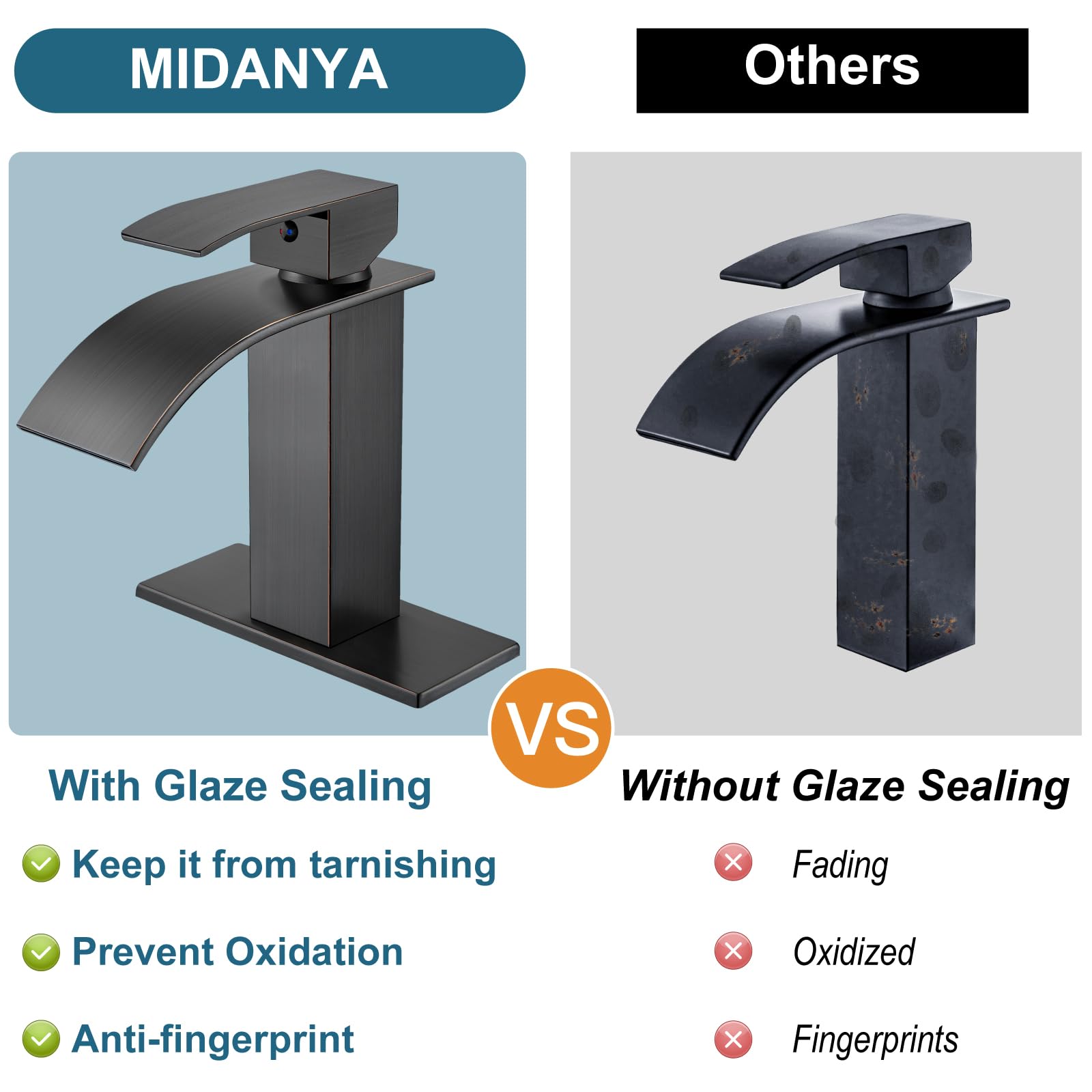 Midanya Oil-Rubbed Bronze Waterfall Bathroom Sink Faucet Single Hole 1 Handle Deck Mount Mixer Tap Lavatory Vanity Faucet with Deck Plate and Pop Up Drain