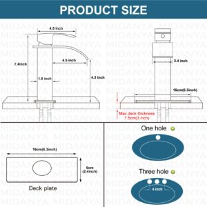 Midanya Oil-Rubbed Bronze Waterfall Bathroom Sink Faucet Single Hole 1 Handle Deck Mount Mixer Tap Lavatory Vanity Faucet with Deck Plate and Pop Up Drain