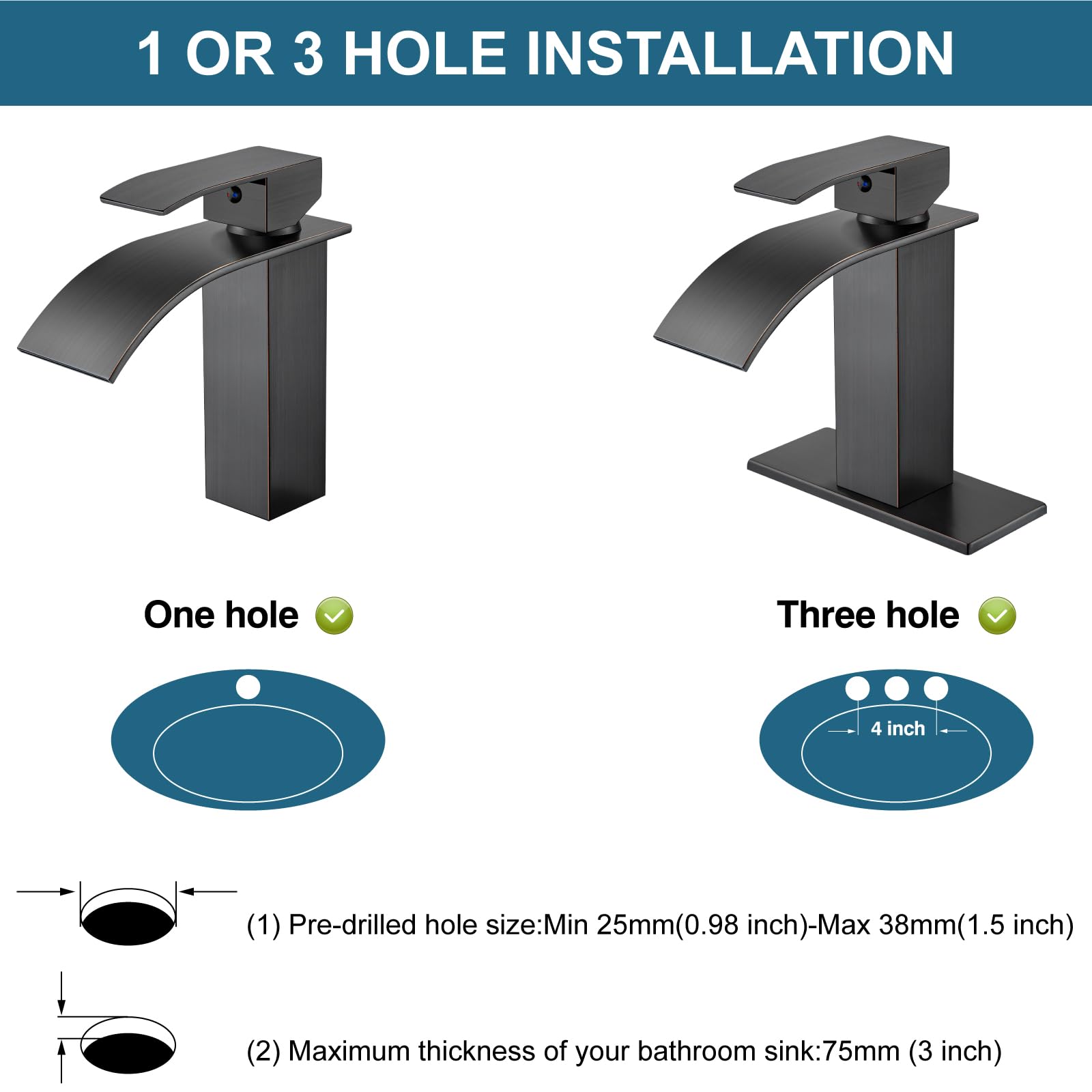 Midanya Oil-Rubbed Bronze Waterfall Bathroom Sink Faucet Single Hole 1 Handle Deck Mount Mixer Tap Lavatory Vanity Faucet with Deck Plate and Pop Up Drain