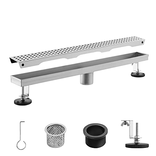 24 Inch Linear Shower Drain Brushed Nickel,304 Stainless Steel Floor Drain for Bathroom, Rectangular Shower Floor Drain with Grate Removable with Hair Strainer from Le Bijou Collection