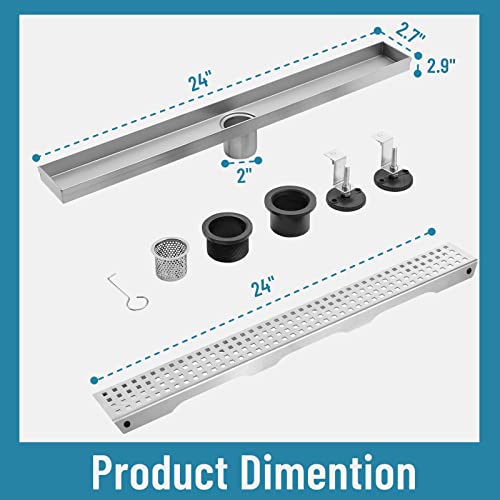 24 Inch Linear Shower Drain Brushed Nickel,304 Stainless Steel Floor Drain for Bathroom, Rectangular Shower Floor Drain with Grate Removable with Hair Strainer from Le Bijou Collection