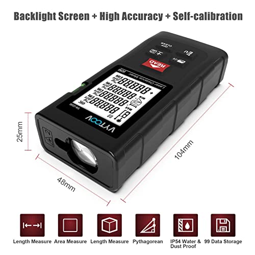 Laser Measure 197ft/60M Laser Distance Meters M/in/Ft Digital Laser Measurement Tool with Bubble Backlight LCD, Mute Mode Pythagorean Mode, Measuring Distance/Area/Volume for Project/Construction