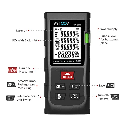 Laser Measure 197ft/60M Laser Distance Meters M/in/Ft Digital Laser Measurement Tool with Bubble Backlight LCD, Mute Mode Pythagorean Mode, Measuring Distance/Area/Volume for Project/Construction