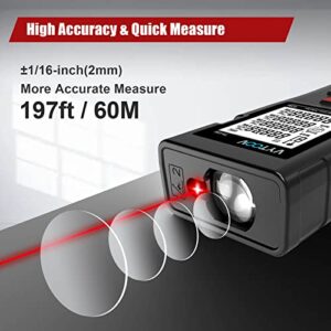 Laser Measure 197ft/60M Laser Distance Meters M/in/Ft Digital Laser Measurement Tool with Bubble Backlight LCD, Mute Mode Pythagorean Mode, Measuring Distance/Area/Volume for Project/Construction