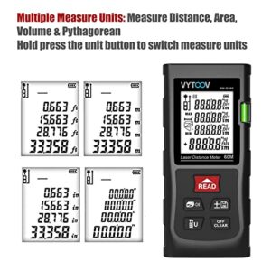 Laser Measure 197ft/60M Laser Distance Meters M/in/Ft Digital Laser Measurement Tool with Bubble Backlight LCD, Mute Mode Pythagorean Mode, Measuring Distance/Area/Volume for Project/Construction