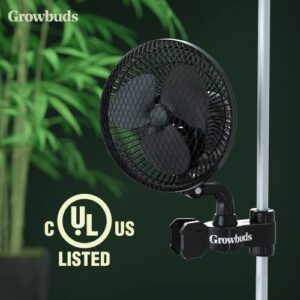 Growbuds 6 Inch Oscillating Clip-On Fan For Grow Tents, Quiet Variable 2-Speed Settings, Humidity-Resistant Motor, Fully Adjustable Sturdy Clip