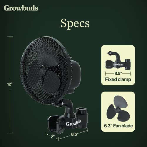 Growbuds 6 Inch Oscillating Clip-On Fan For Grow Tents, Quiet Variable 2-Speed Settings, Humidity-Resistant Motor, Fully Adjustable Sturdy Clip