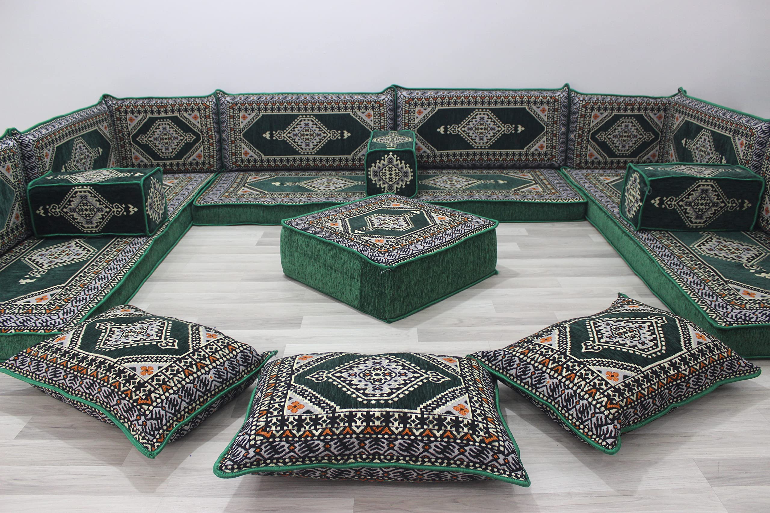 U Shaped Arabic Sofa Set, Arabic Majlis, U Shaped Living room sofas, Floor Couch, Indoor Floor Sofas, Floor Cushions, Floor Pillow, Cozy Sofa (U Sofa + Ottoman + Pillows)