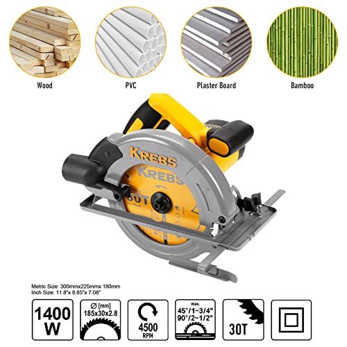 KREBS Circular Saw 4500 RPM Hand-Held Cord Circular Saw, 11 Amp with 7-1/4 Inch Blade, Adjustable Cutting Depth (1-3/4" to 2-1/2") for Wood and Logs Cutting