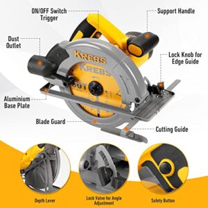 KREBS Circular Saw 4500 RPM Hand-Held Cord Circular Saw, 11 Amp with 7-1/4 Inch Blade, Adjustable Cutting Depth (1-3/4" to 2-1/2") for Wood and Logs Cutting